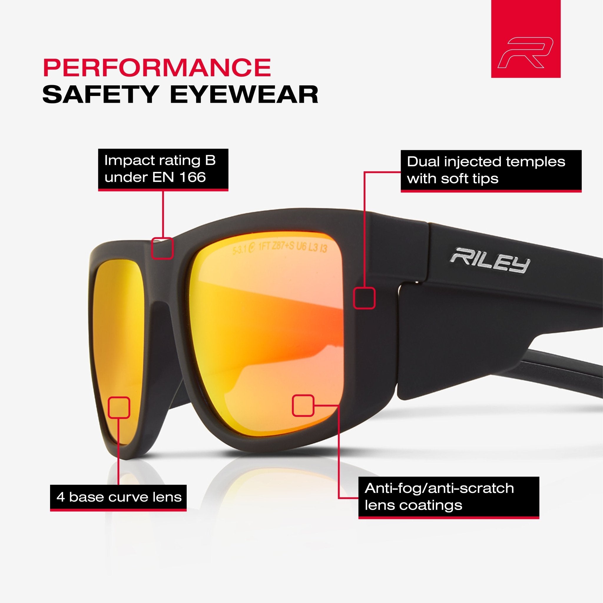 RILEY Navigator Anti-Scratch Wayfarer Safety Sunglasses with Red Mirror ...