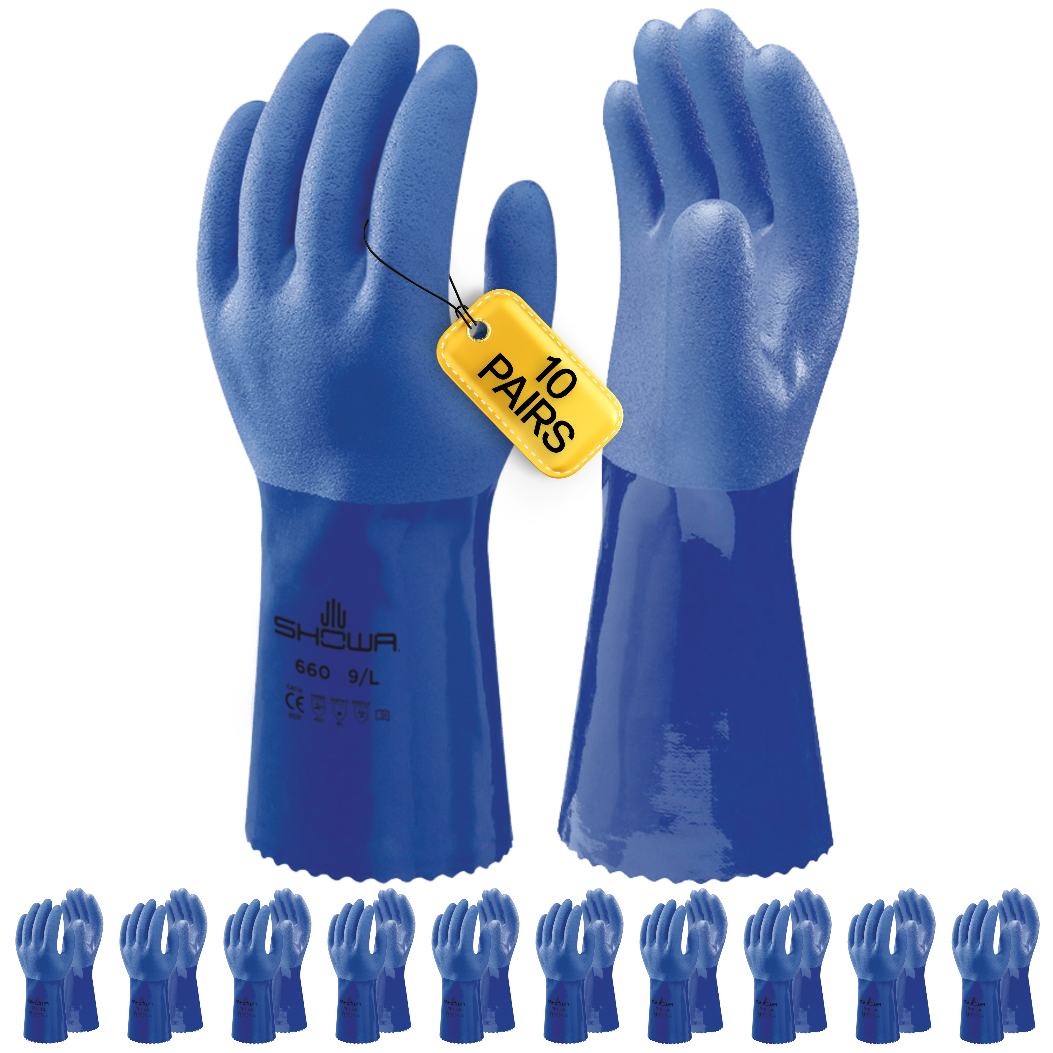 SHOWA 660 PVC Blue Gauntlet Safety Gloves (PACK of 10 PAIRS)